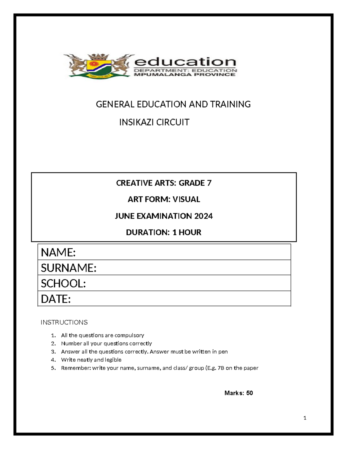 Grade 7 Visual Arts June Exam 2024 Question Paper (QP) - Studocu