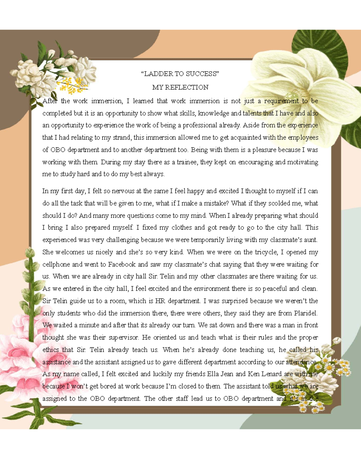 HUMSS 12: Reflection on My Work Immersion Experience - Studocu