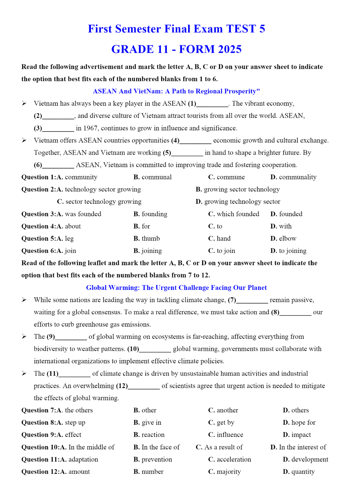 TEST 5 Grade 11 First Semester Final Exam Review - Studocu