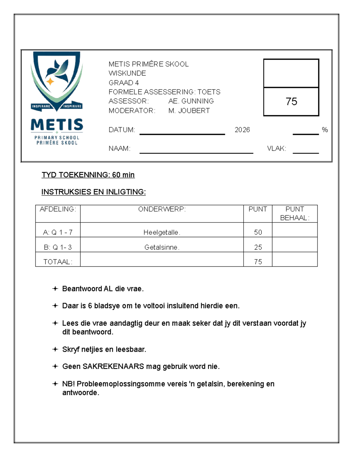 Gr 4 Maths Test Term 1: Formele Assessering - Studocu