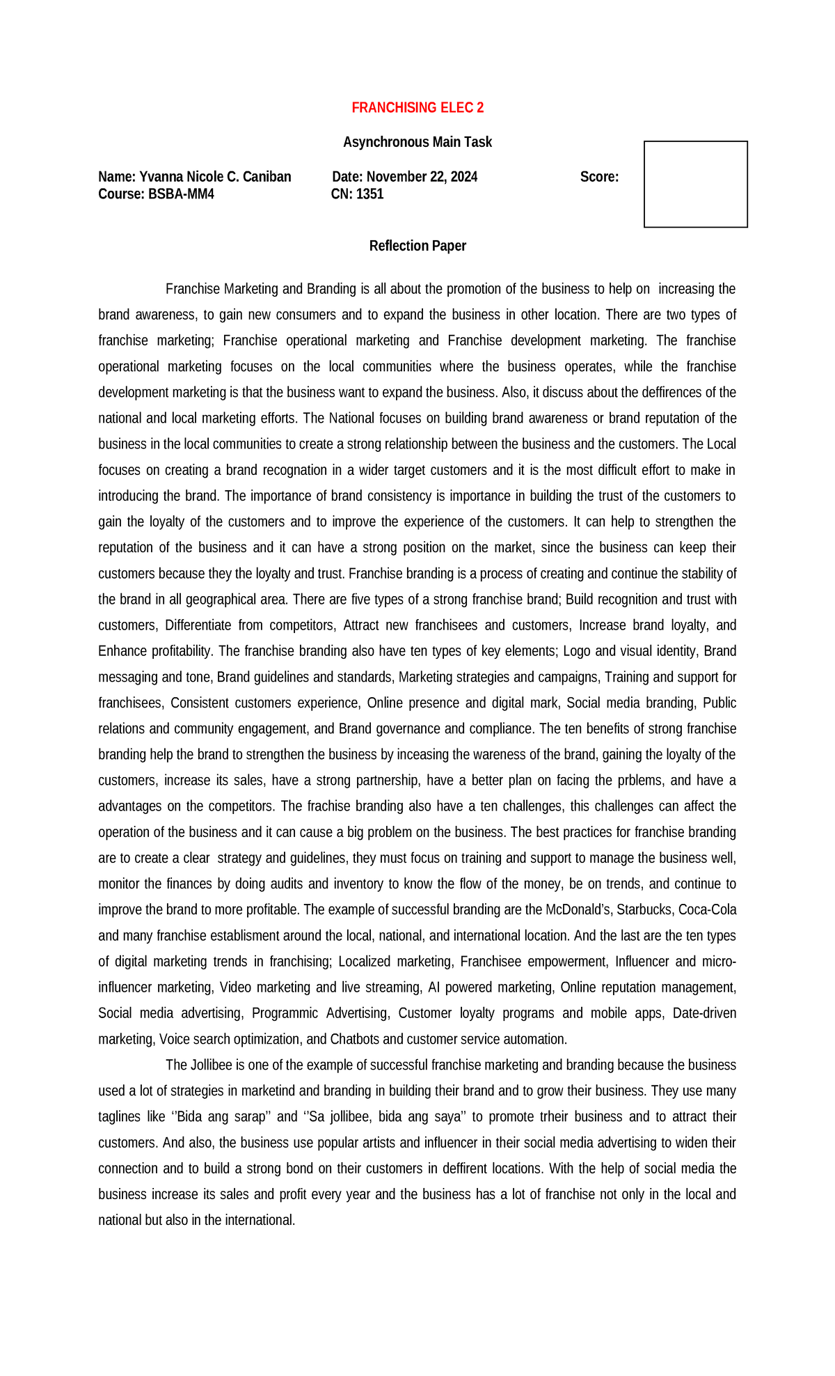 Reflection- Paper- Format - FRANCHISING ELEC 2 Asynchronous Main Task ...