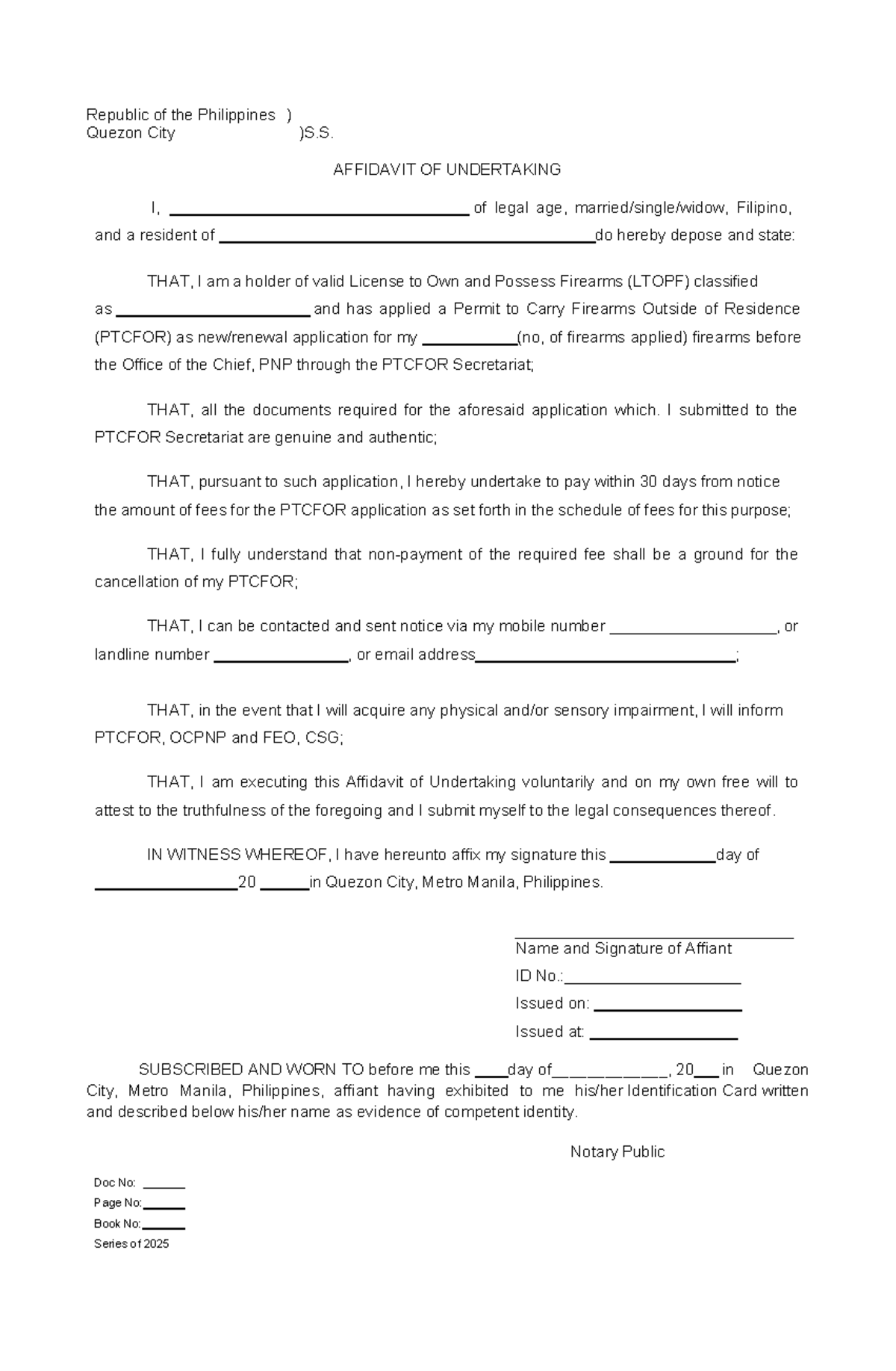Affidavit of Undertaking for PTCFOR Application 2025 - Studocu