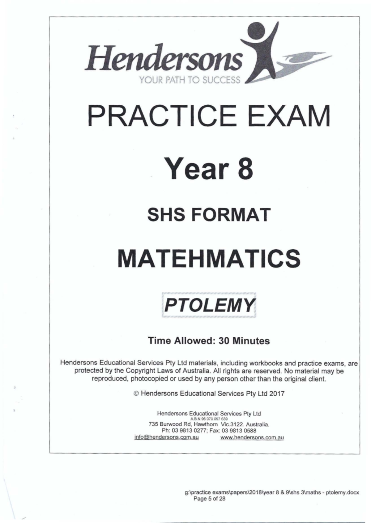 Hendersons Year 8 Mathematics Practice Exam Set 2 - Studocu