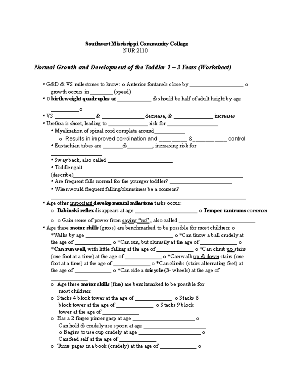 NUR 2110: Key Milestones in Toddler Growth & Development (Worksheet ...