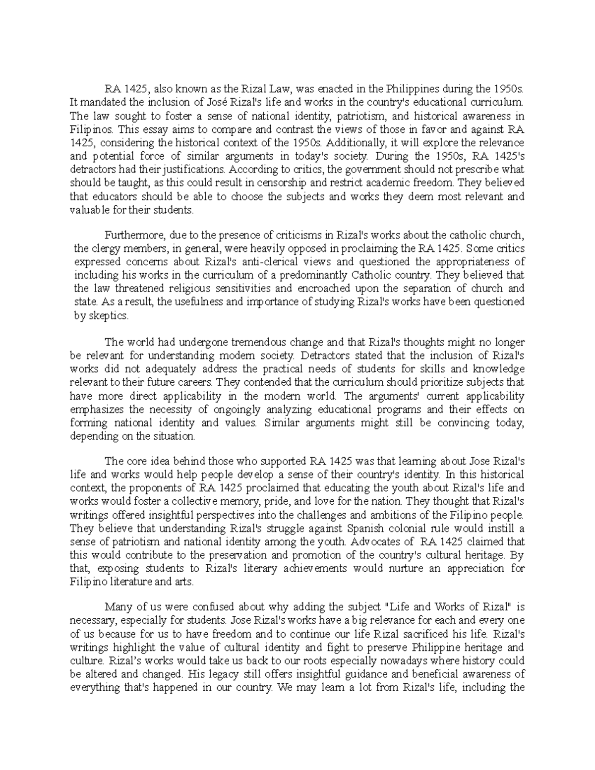 Comparative-Essay - RA 1425, also known as the Rizal Law, was enacted ...