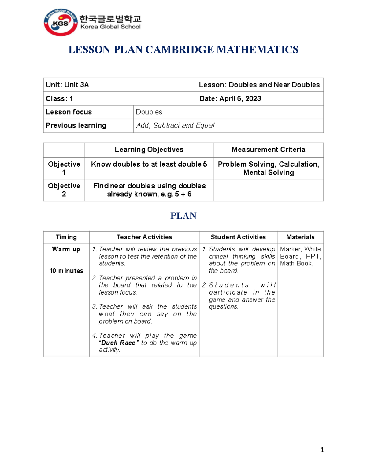 KGS Primary Cambridge Mathematics 1 Doubles - LESSON PLAN CAMBRIDGE ...