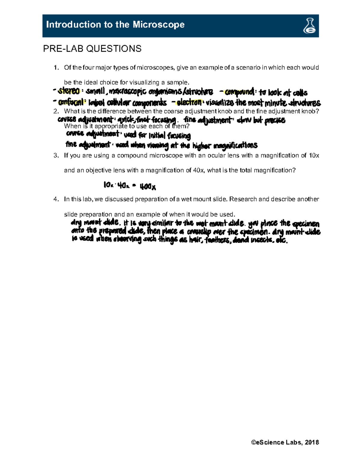Introduction to the Microscope Lab - ©eScience Labs, 2018 Introduction to the Microscope PRE-LAB ...