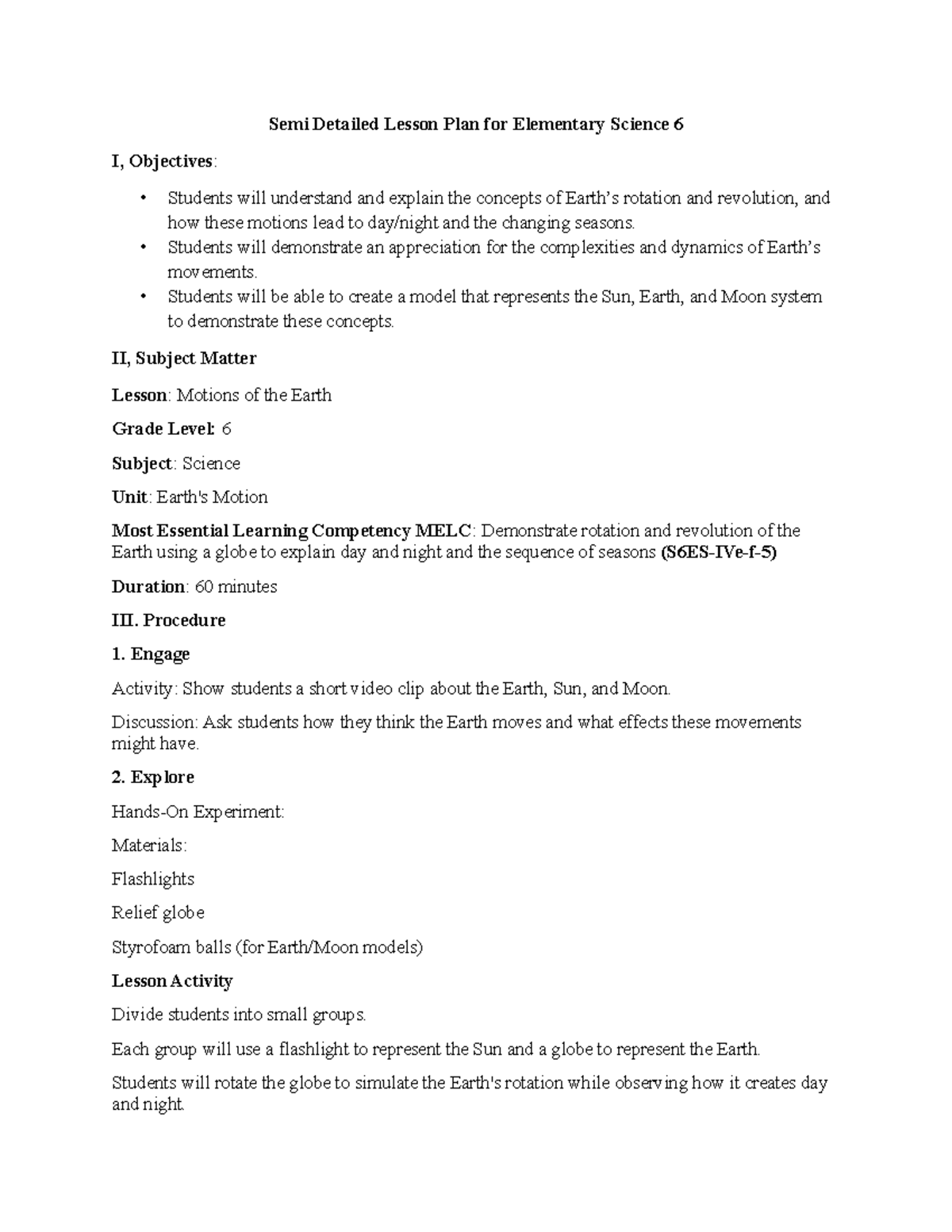 Final Semi Detailed Lesson Plan for Science 6: Earth's Motions - Studocu