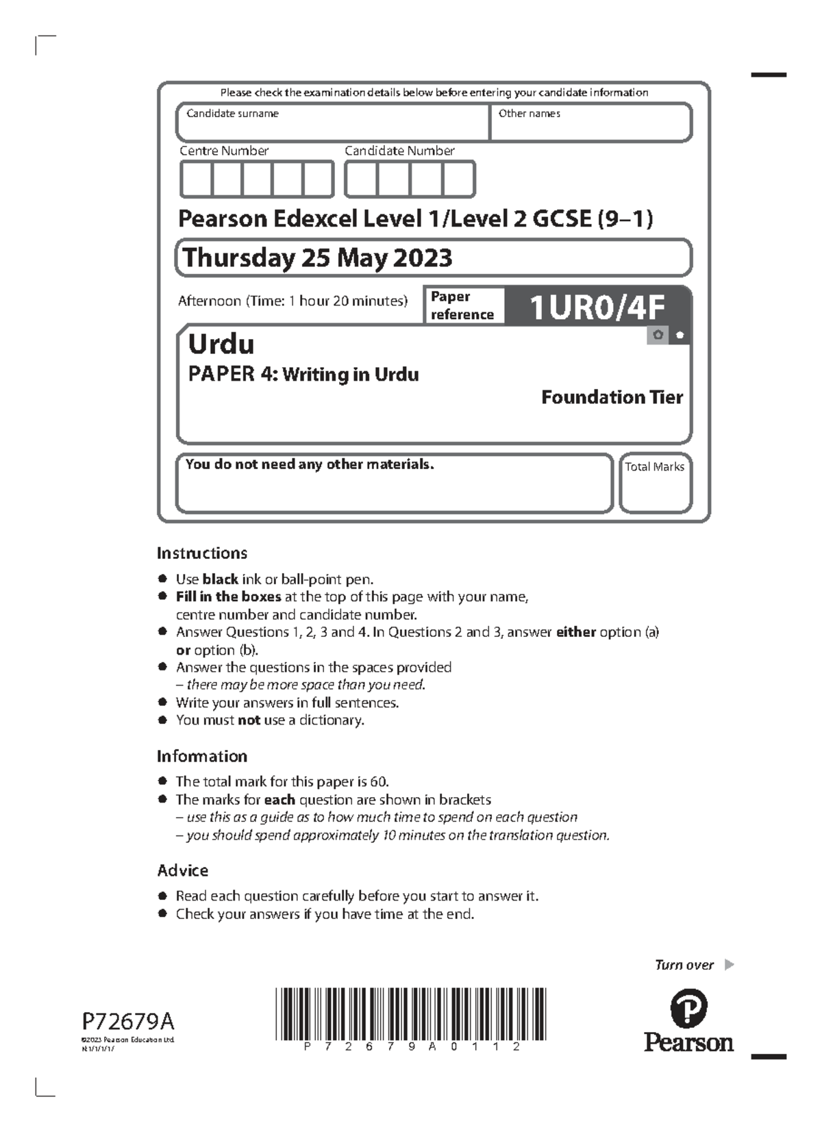 GCSE Urdu 1UR0/4F Writing Exam Instructions - May 2023 - Studocu