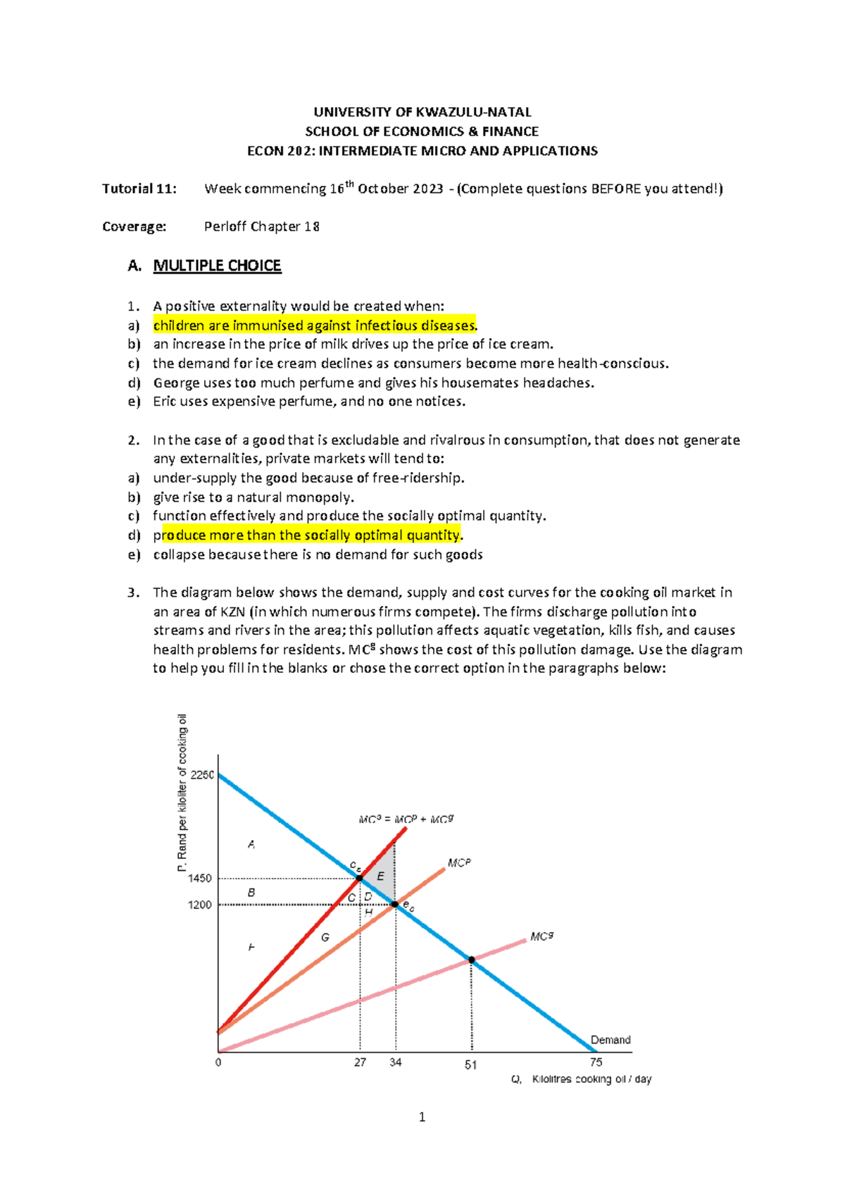 Econ 202 Tutorial 11: Practice Questions & Problems (Week 16 Oct 2023 ...