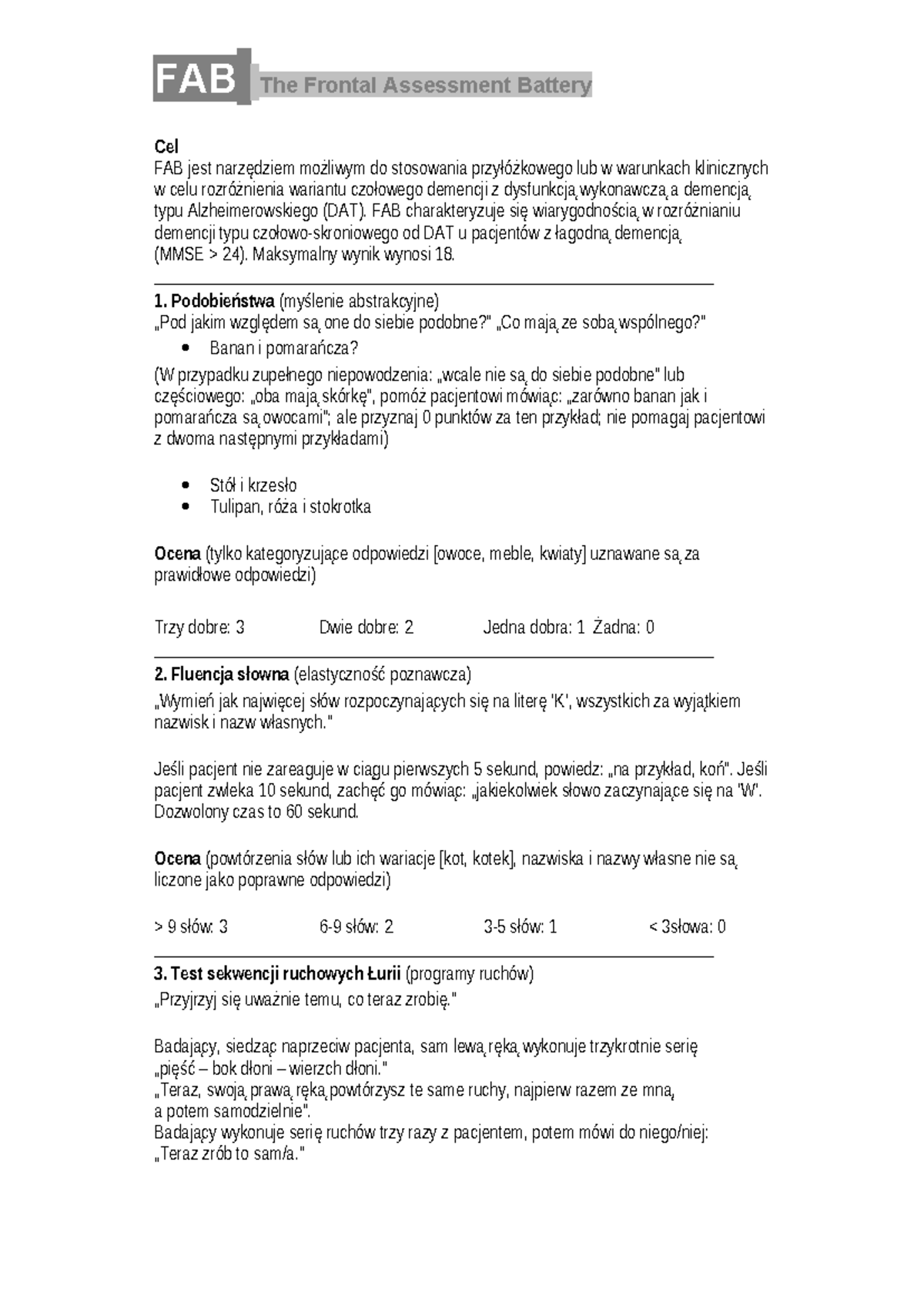 Final Exam Notes for FAB - Frontal Assessment Battery (FAB) - Studocu