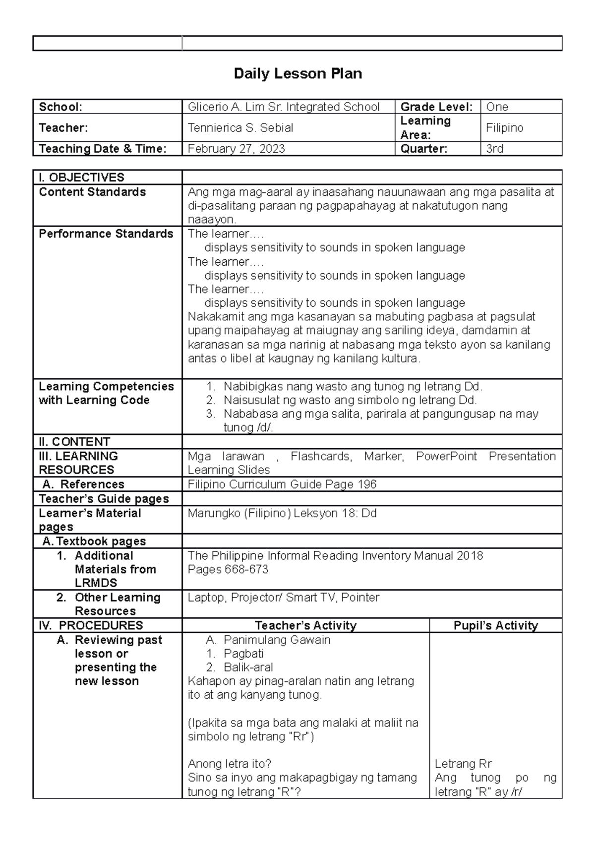 Final Lesson Plan for Filipino (Grade 1) Using Marungko Approach - Studocu