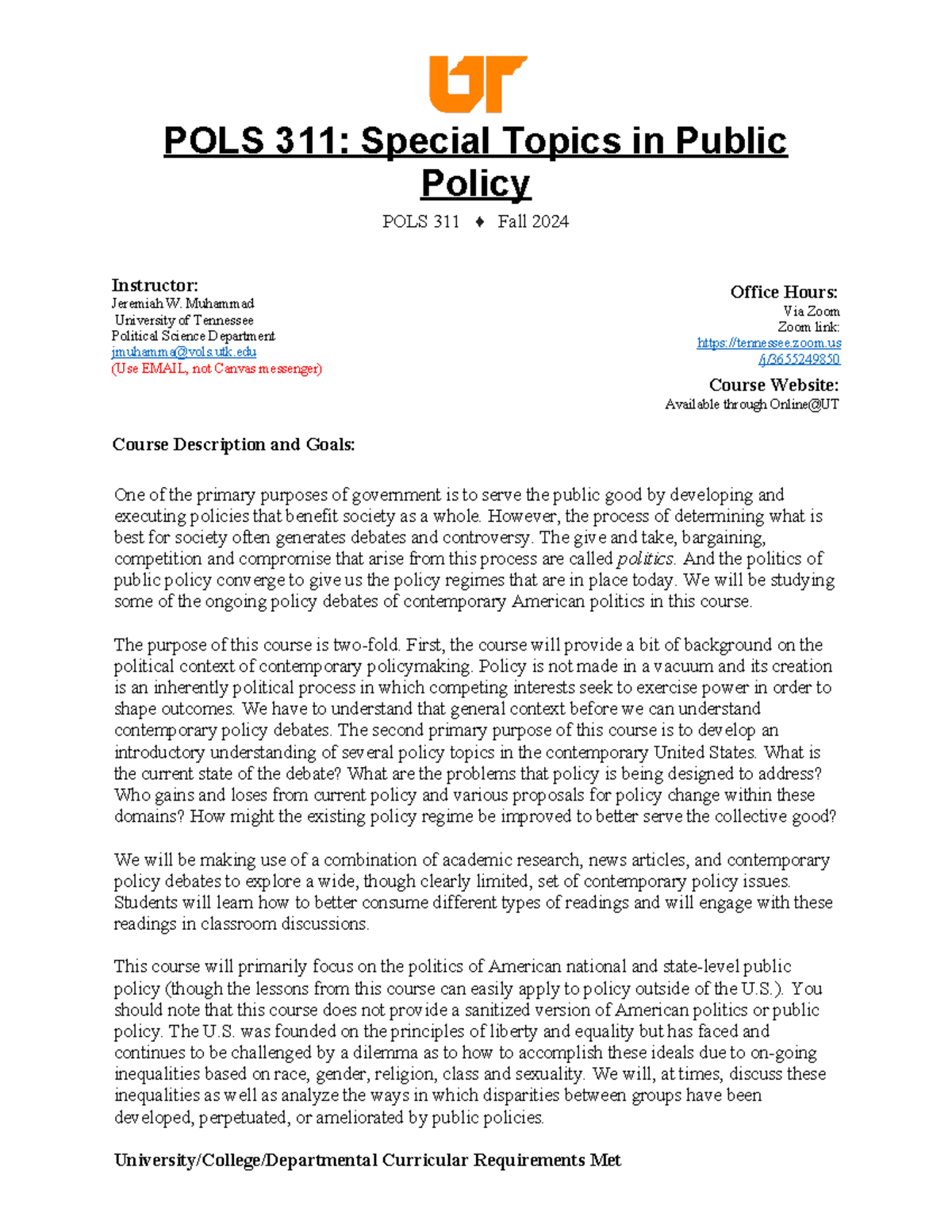 POLS 311: Fall 2024 Syllabus Summary on Contemporary Public Policy ...