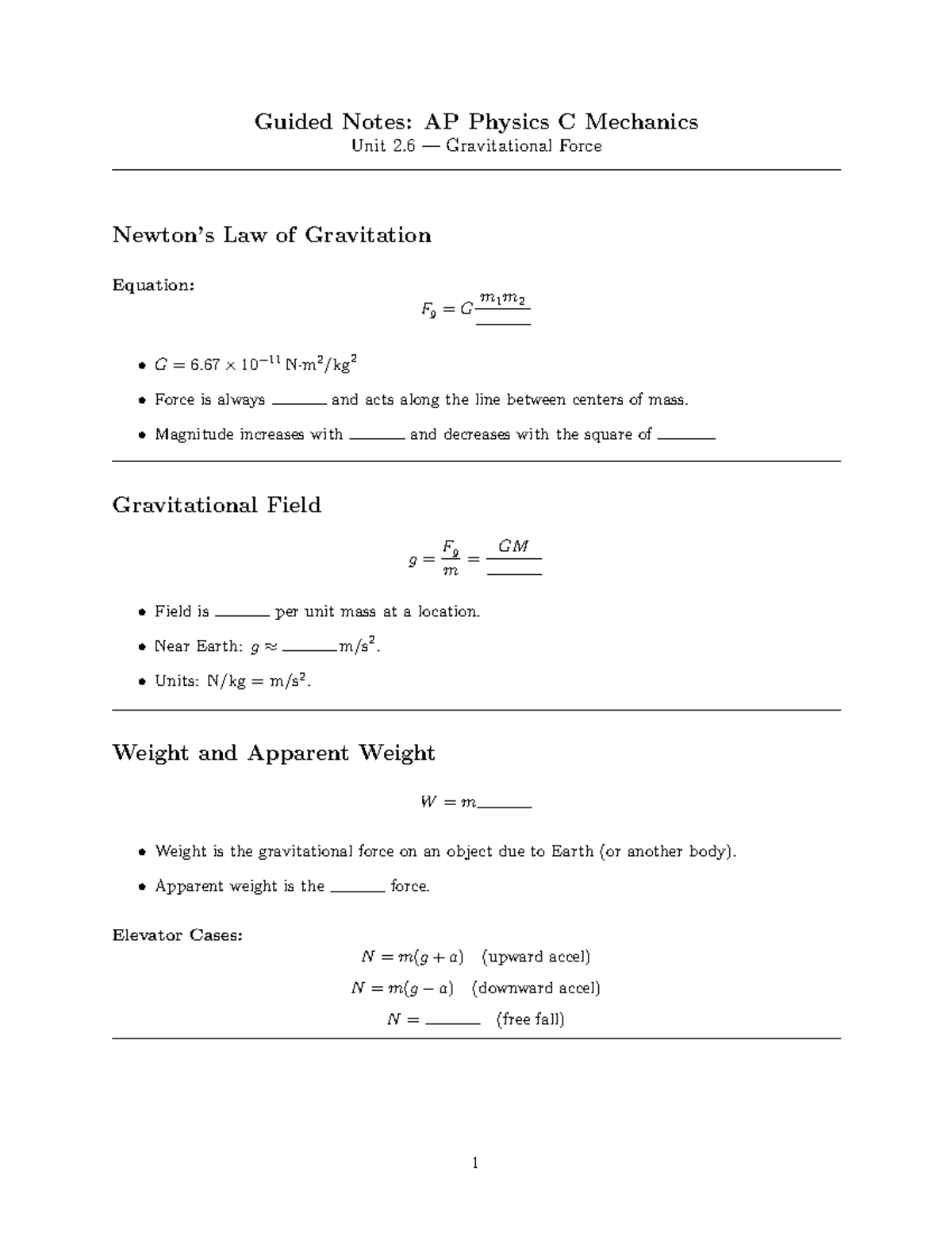 Guided Notes: AP Physics C Mechanics - Gravitational Force Unit 2.6 ...