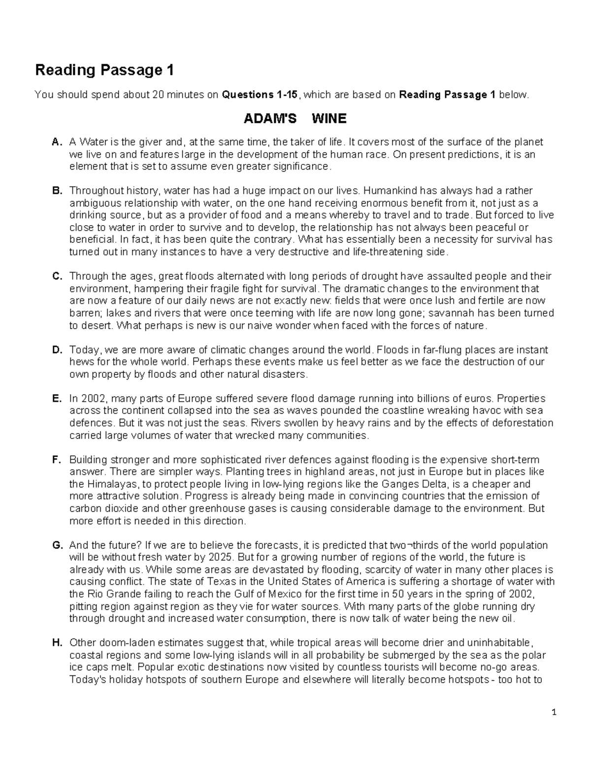 Reading Passage 1: The Impact of Water on Human Life and Environment ...