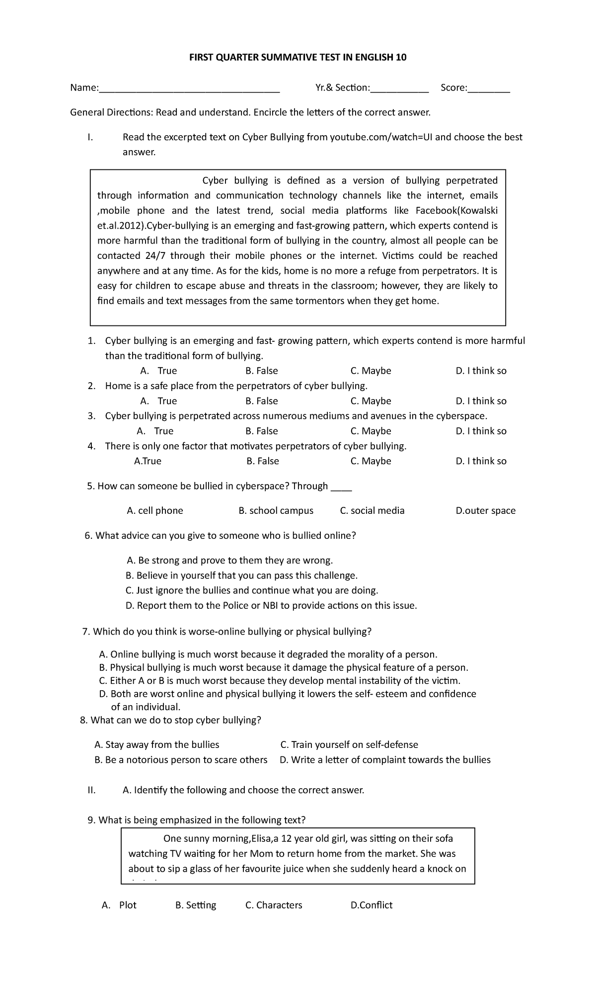 English 10 - First Quarter Summative Test on Cyber Bullying - Studocu
