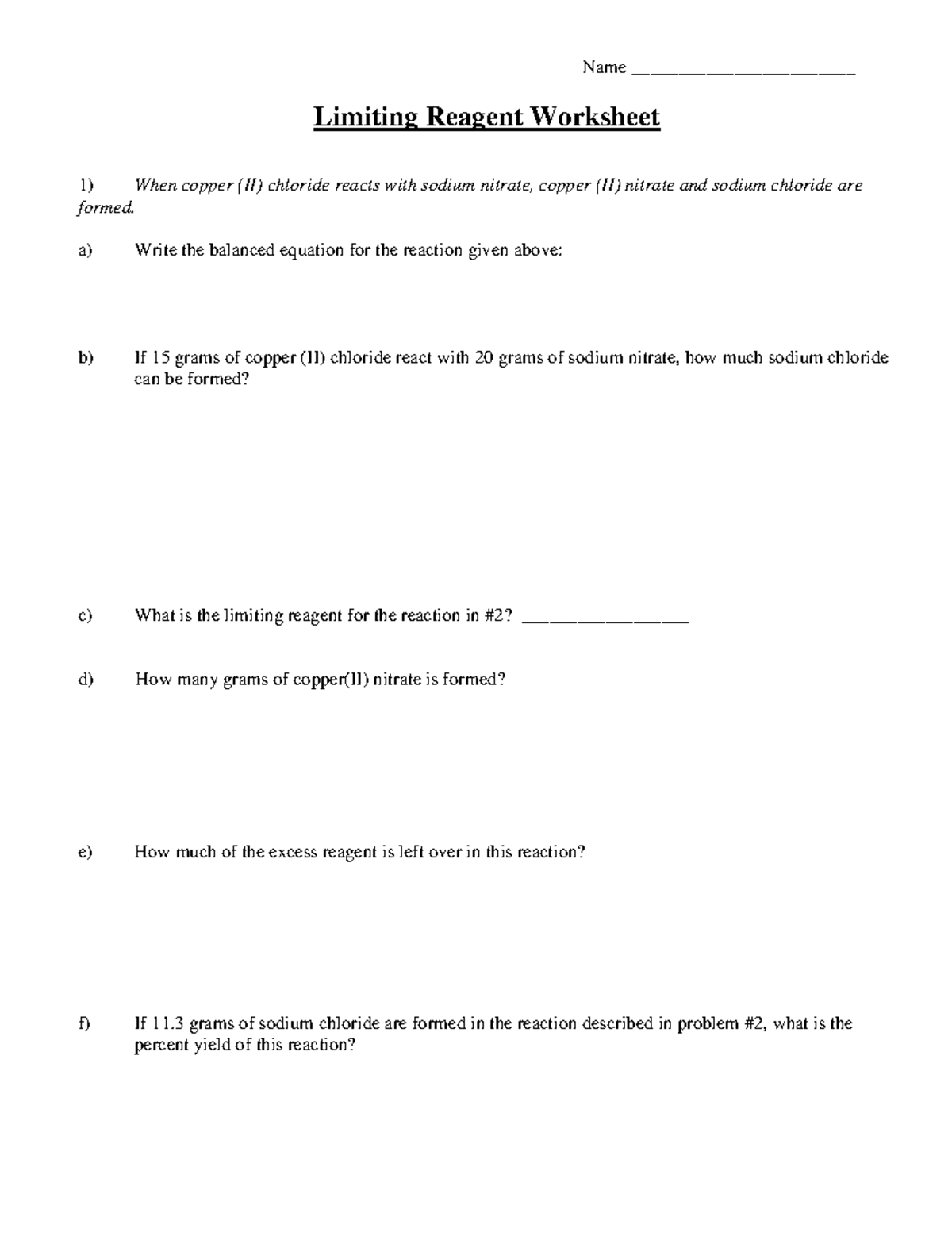 Limiting Reagent Worksheet (No Answers) - Chemistry Lab Exercises - Studocu