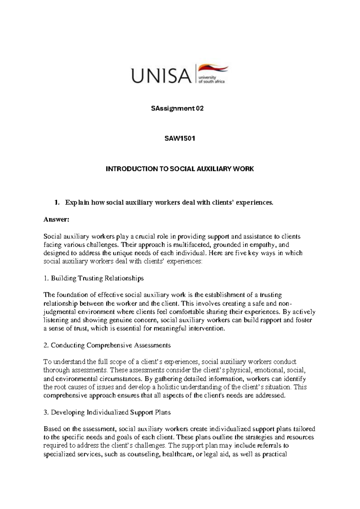 Assignment 02: SAW1501 - Support Strategies in Social Auxiliary Work ...