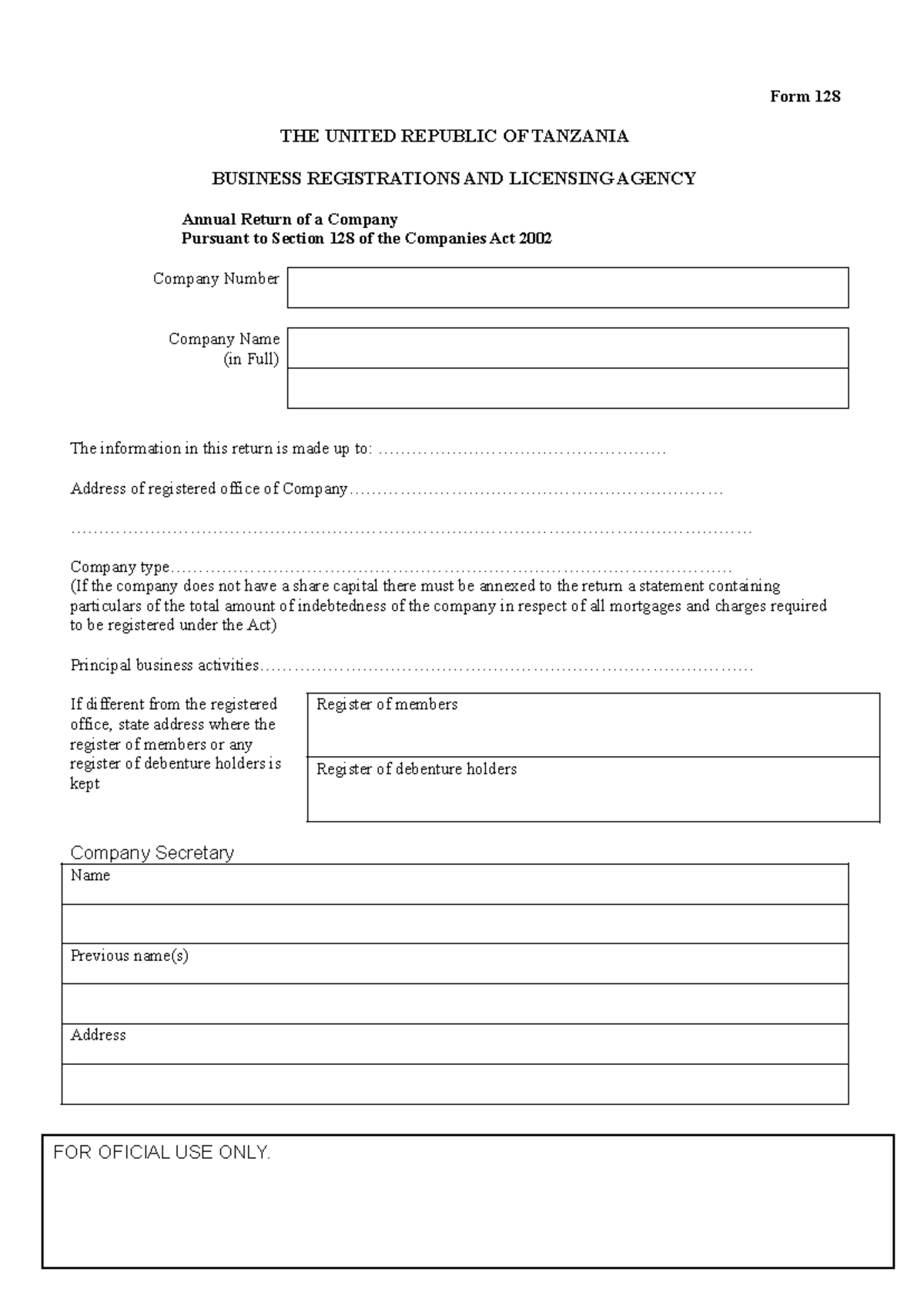 Annual Return Form 128 for Companies - Sw-1602526847-18 - Studocu