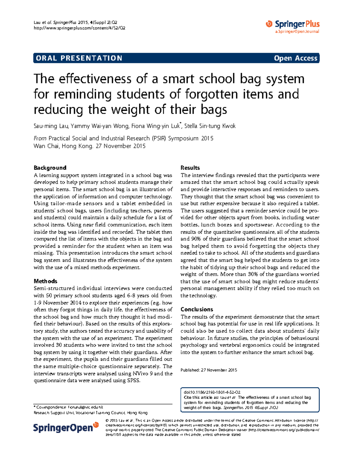 The effectiveness of a smart school bag system for - O R A L P R E S E ...