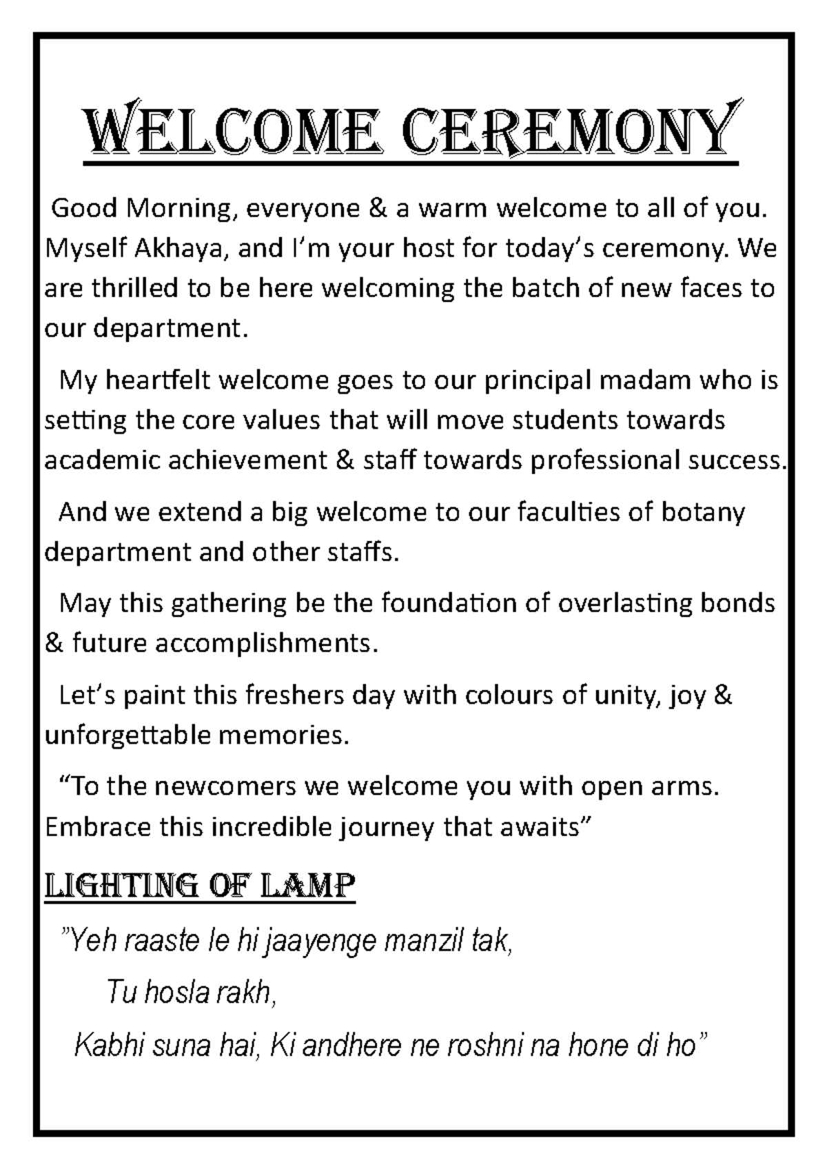 Welcome Ceremony - Hsjsbe ki wjhsns - WELCOME CEREMONY Good Morning ...