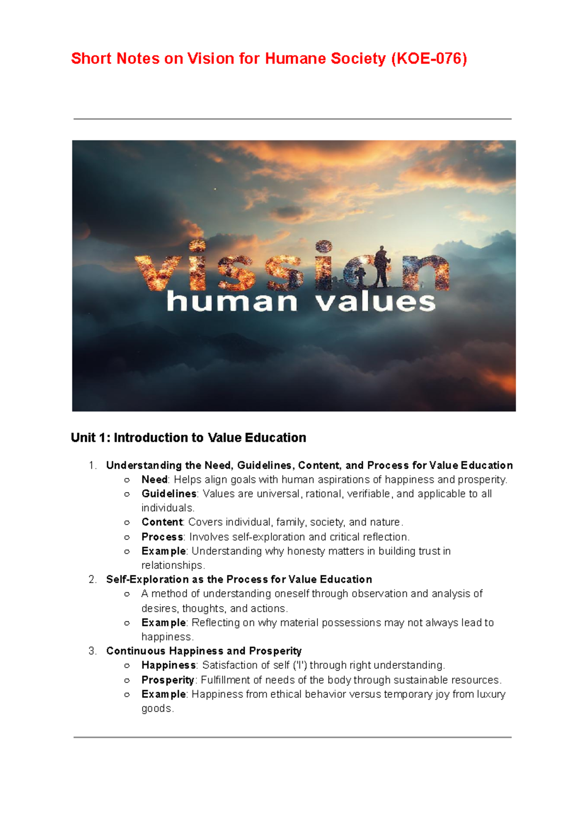 Short Notes on Vision for Humane Society (KOE-076) - Unit 1 ...