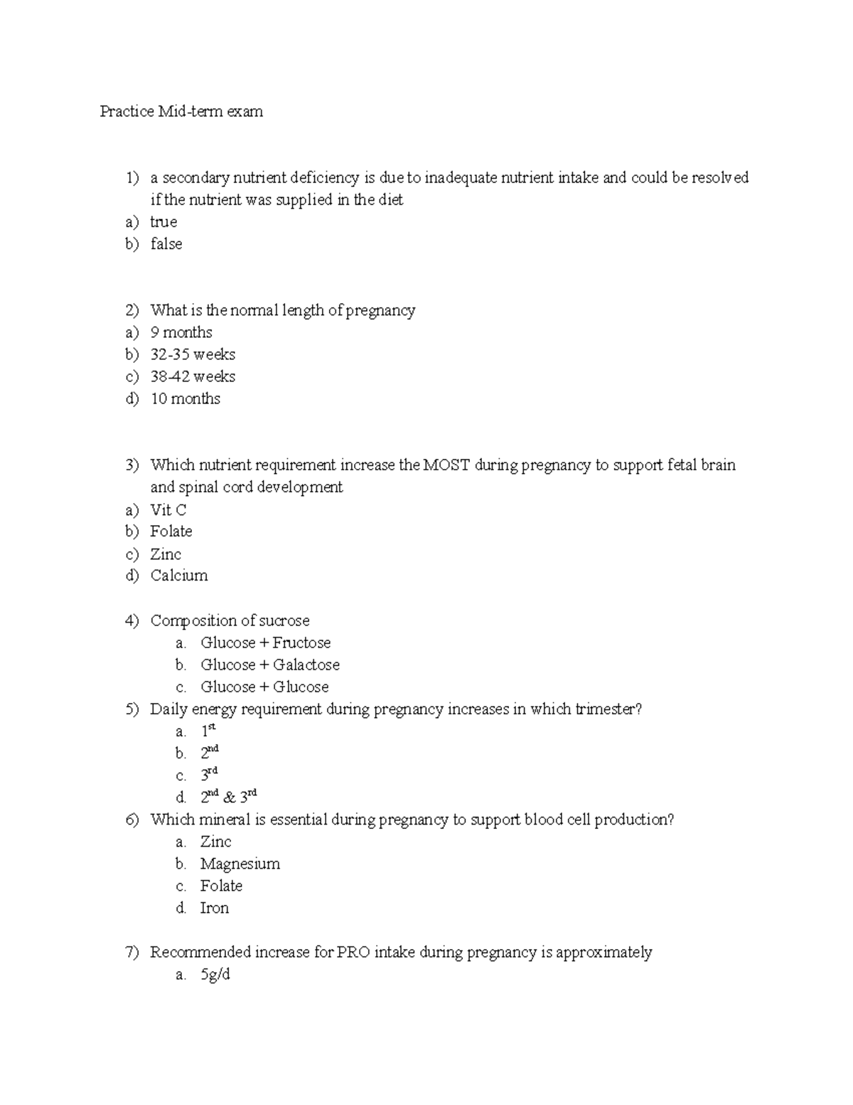 Practice Midterm Exam: Multiple Choice Questions on Nutrition - Studocu