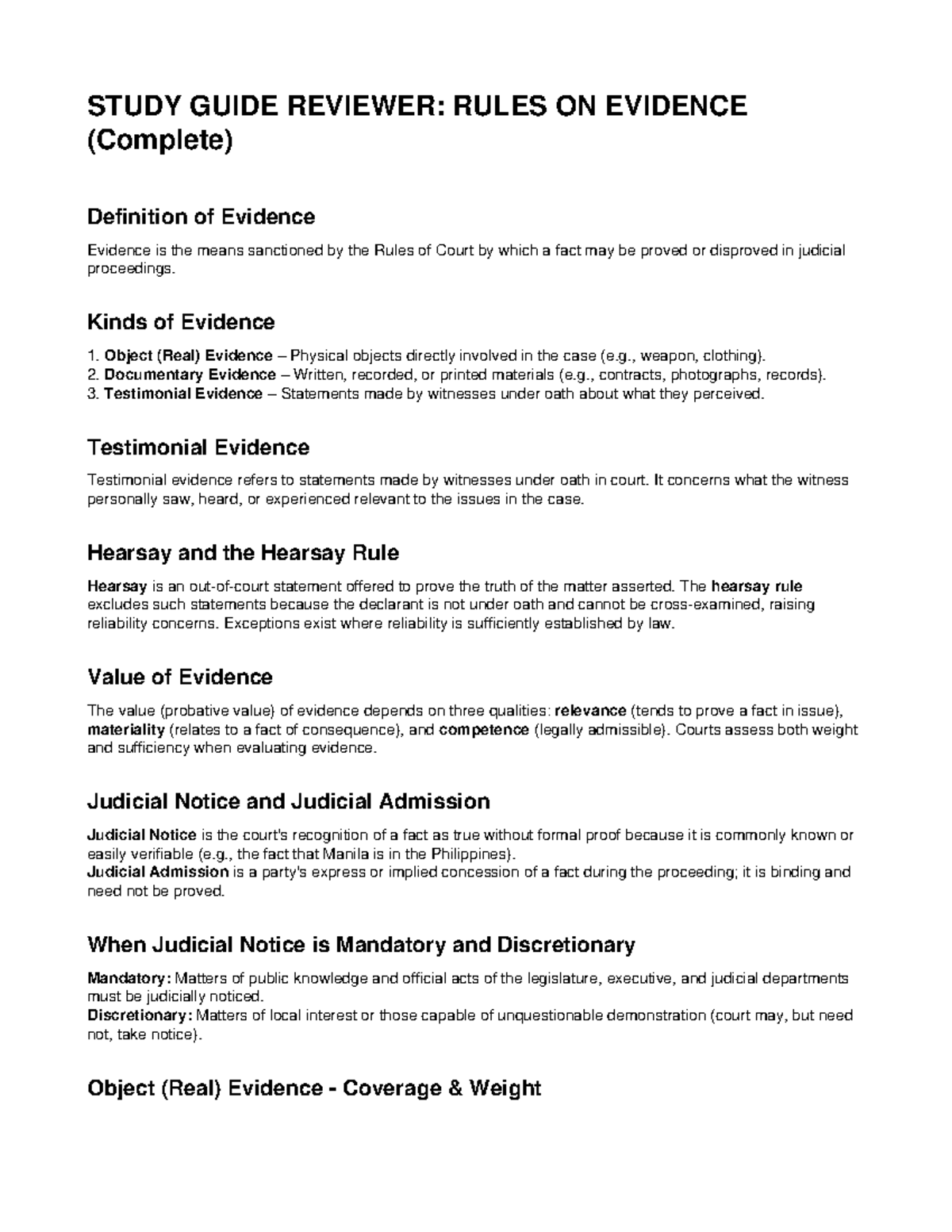 Rules on Evidence (LAW 101): Comprehensive Study Guide - Studocu