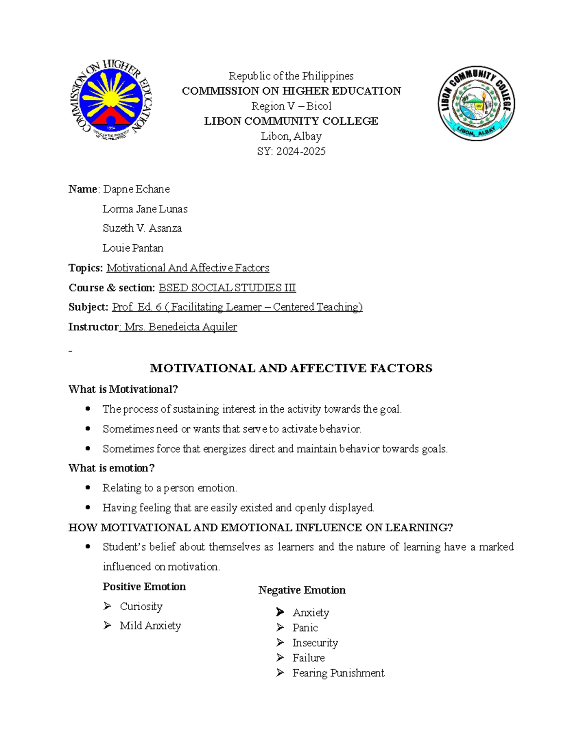 BSED SS III: Motivational & Affective Factors in Learner-Centered ...