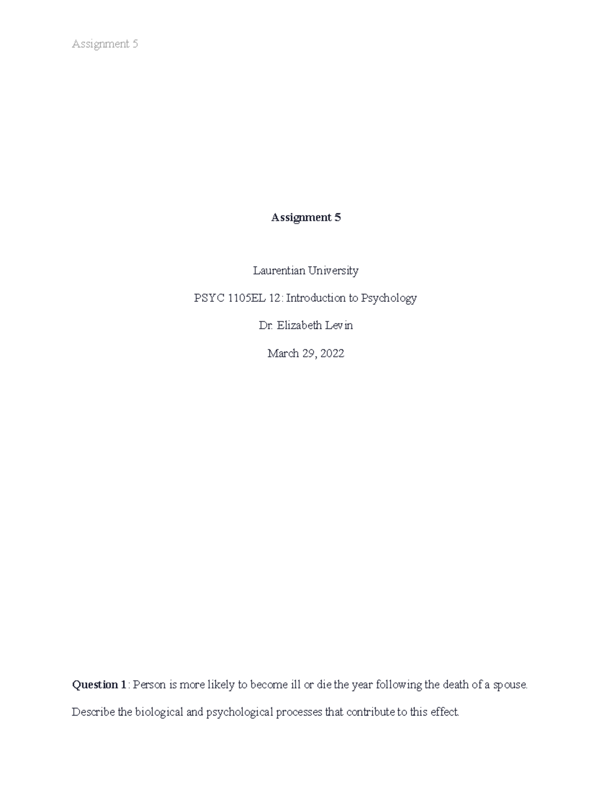Assignment 5 PSYC 1105EL 12 - Assignment 5 Assignment 5 Laurentian ...
