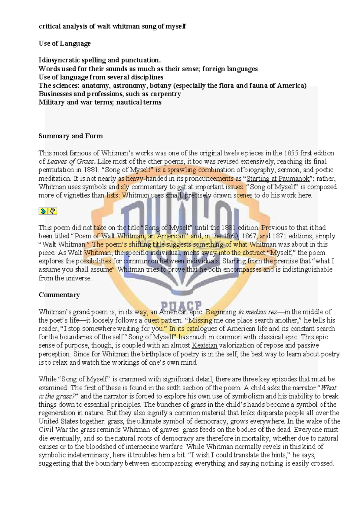 Critical Analysis of Walt Whitman's "Song of Myself" (ENG 5825) - Studocu