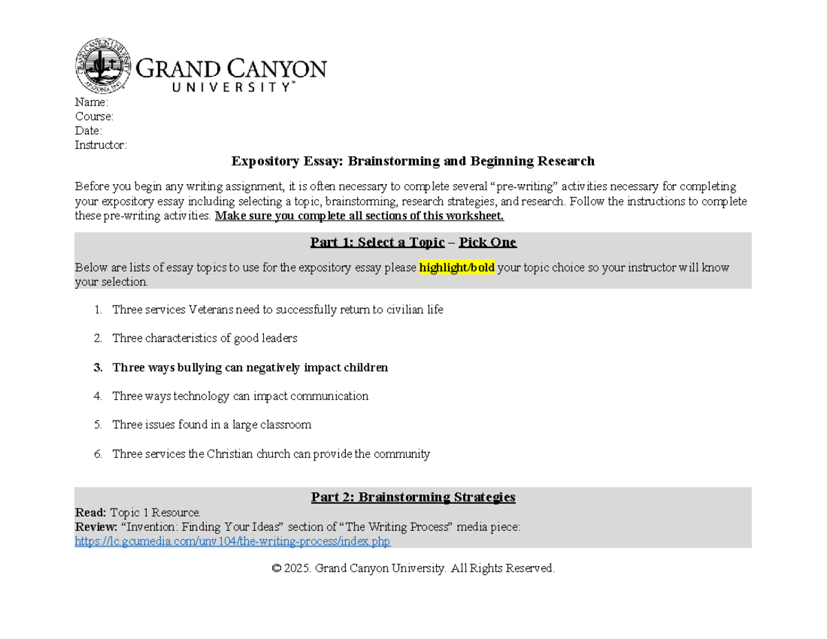 GCU ENG 105 Expository Essay: Brainstorming & Research Strategies - Studocu