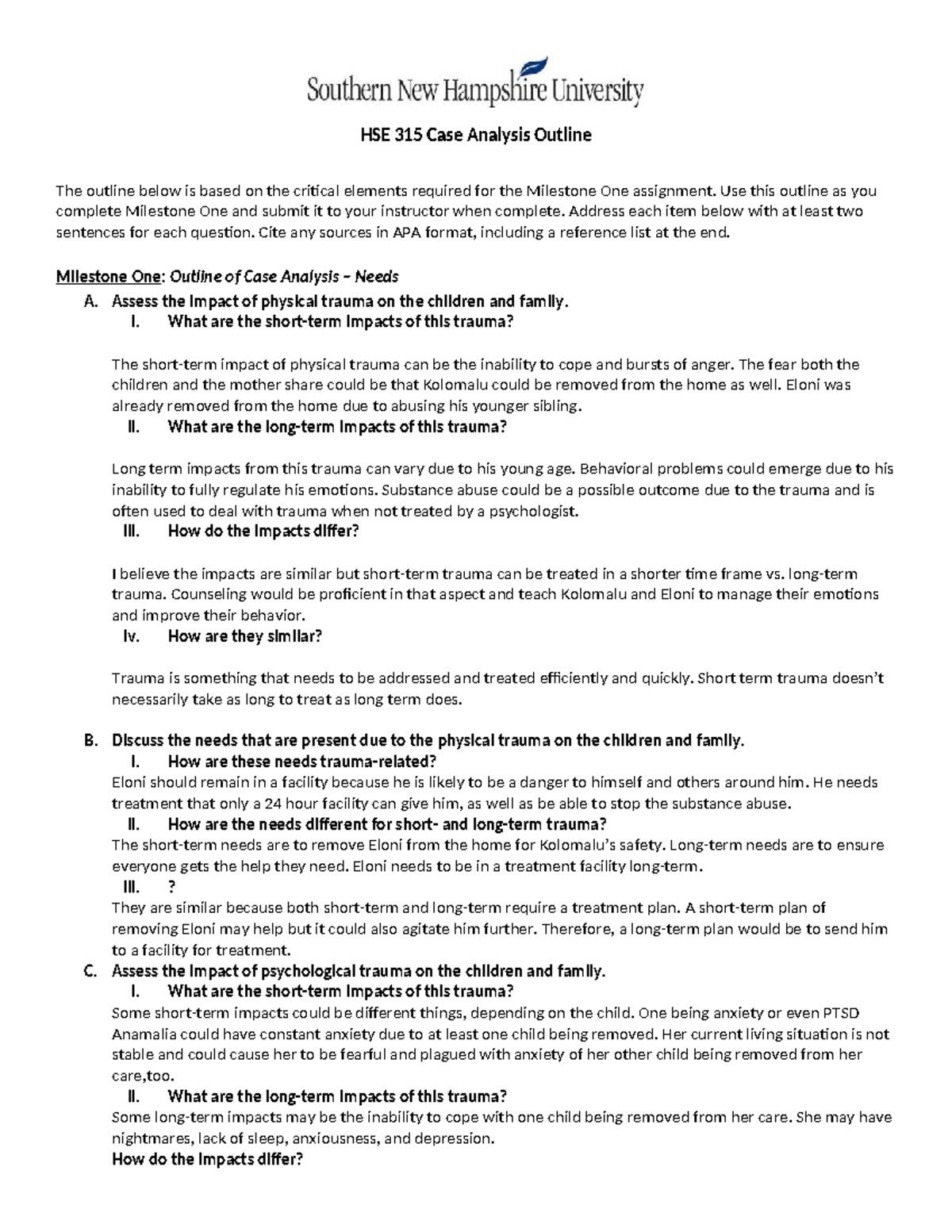 HSE 315 Case Analysis Outline: Key Elements for Milestone One - Studocu