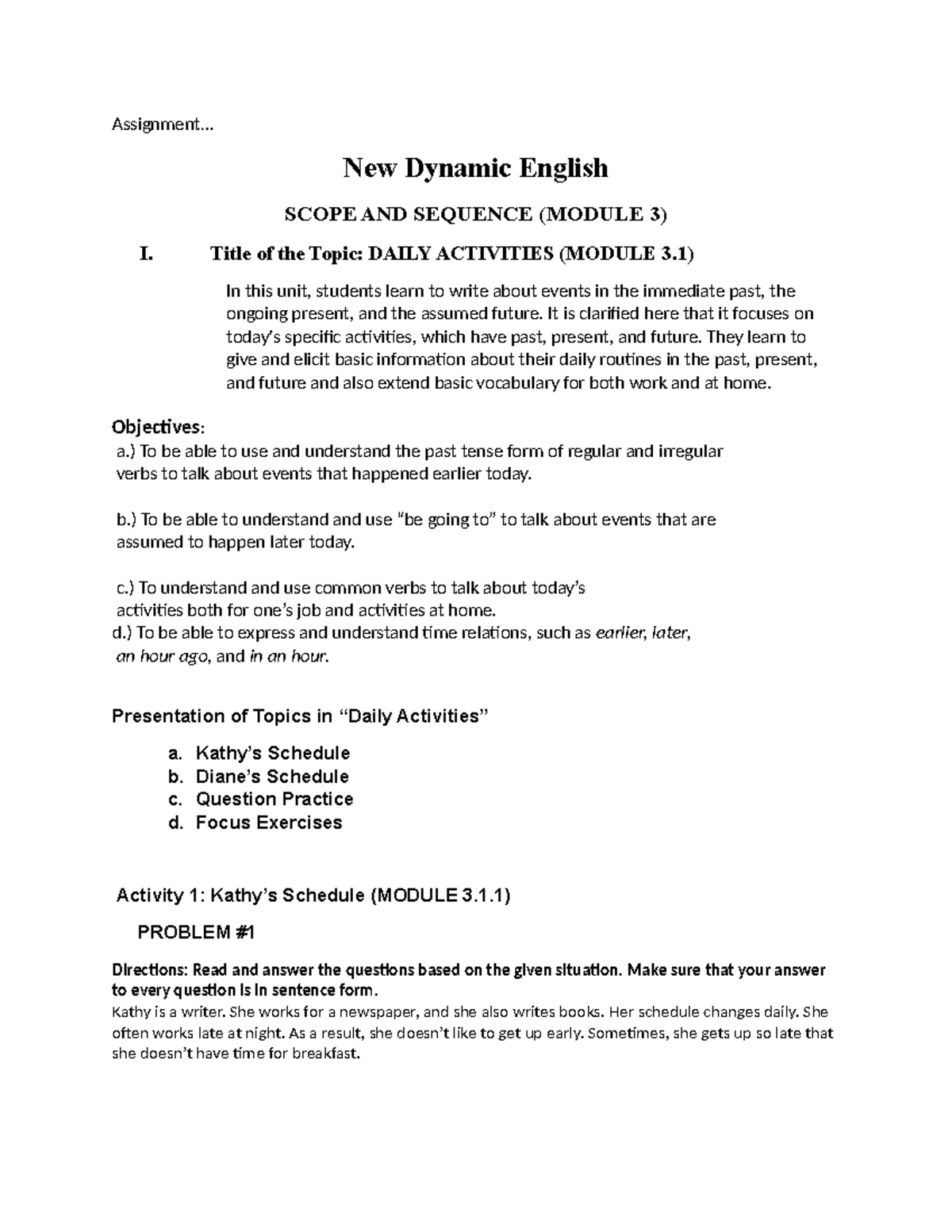 Dynamic English Module 3: Daily Activities Overview and Objectives ...