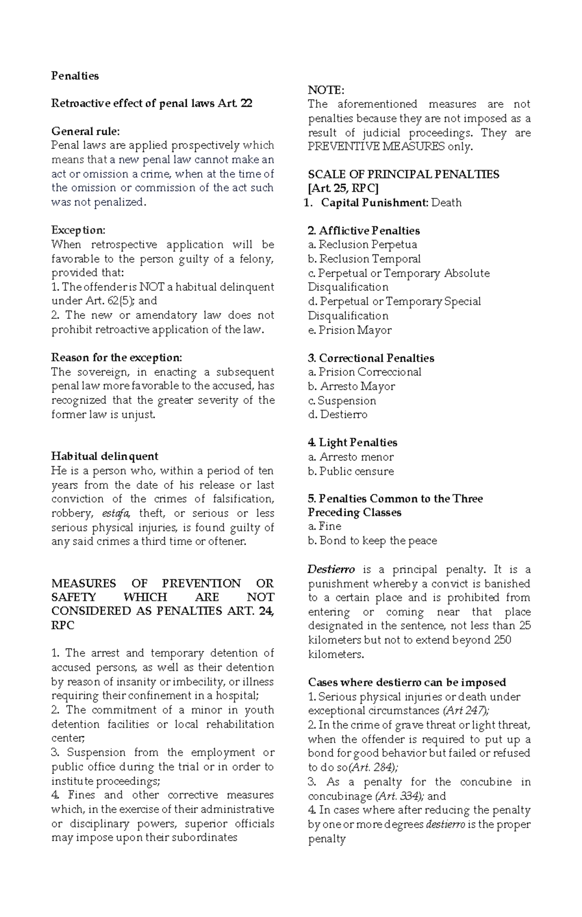 Criminal Law Review: Penalties - Book 1 Notes (LAW101) - Studocu