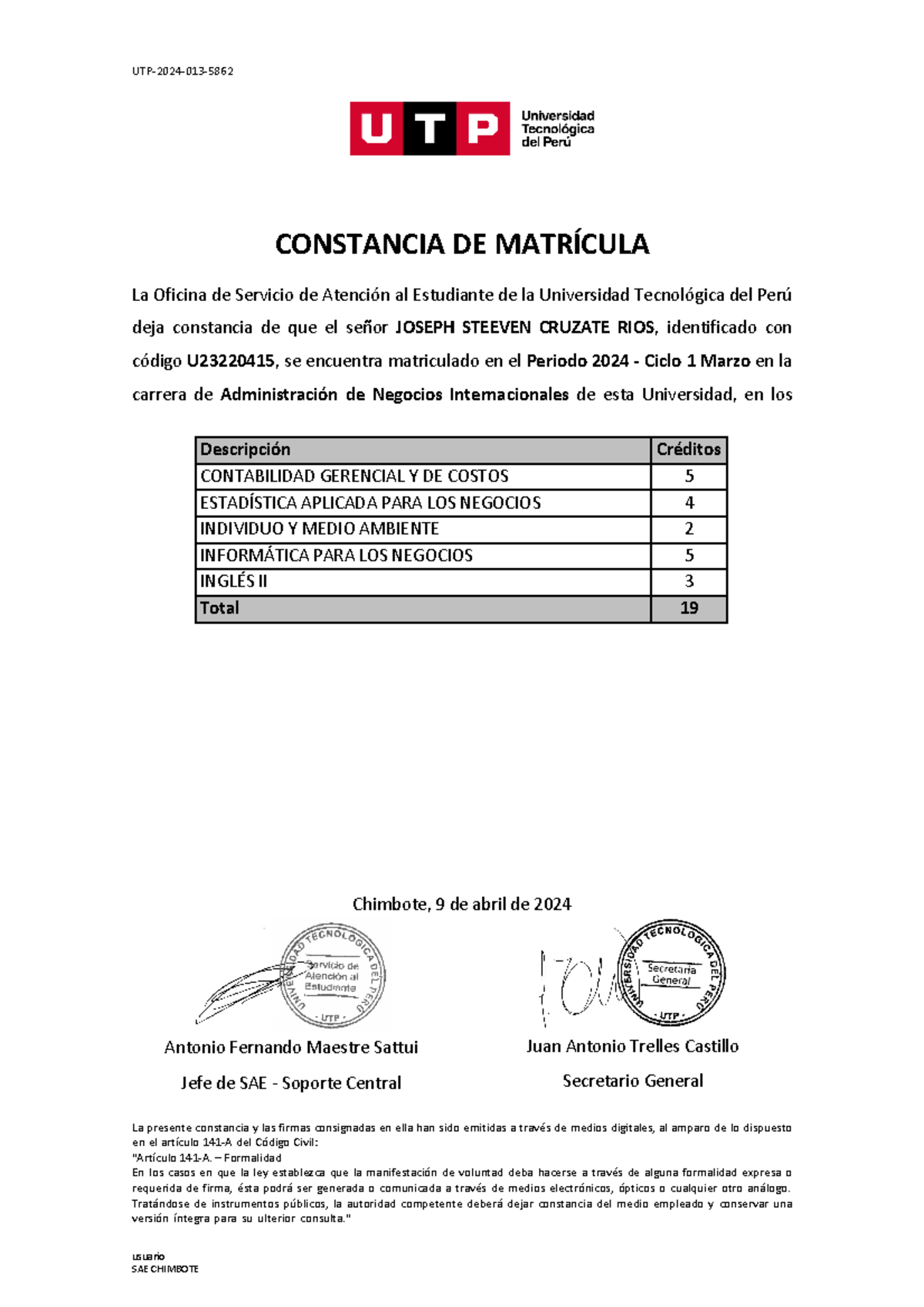Constancia de Matrícula UTP 2024 - Ciclo 1 (Admin. Negocios) - Studocu