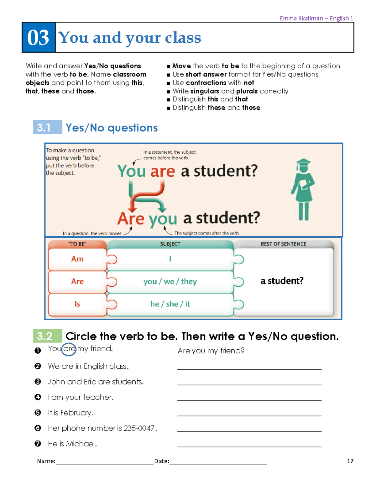 Booklet 3 - ..................... - 03 You and your class Write and ...