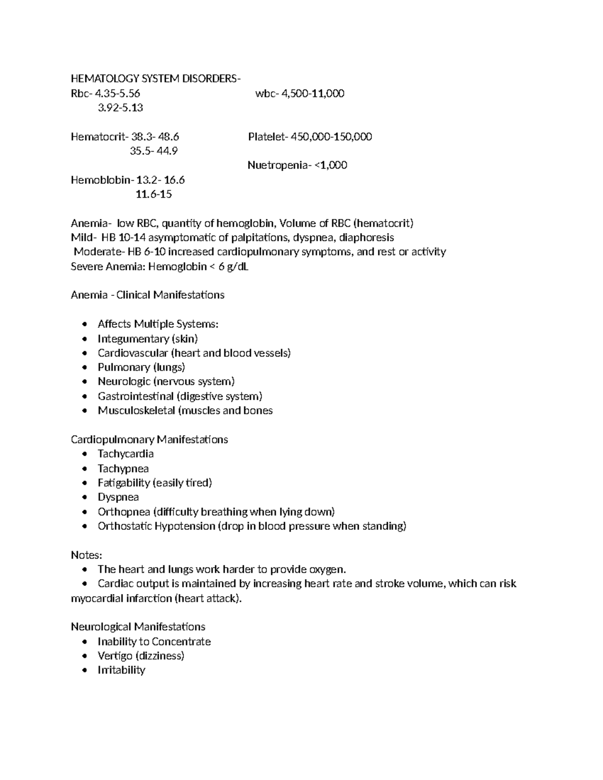 Hematology System Disorders: Anemia & Neutropenia Management Notes ...