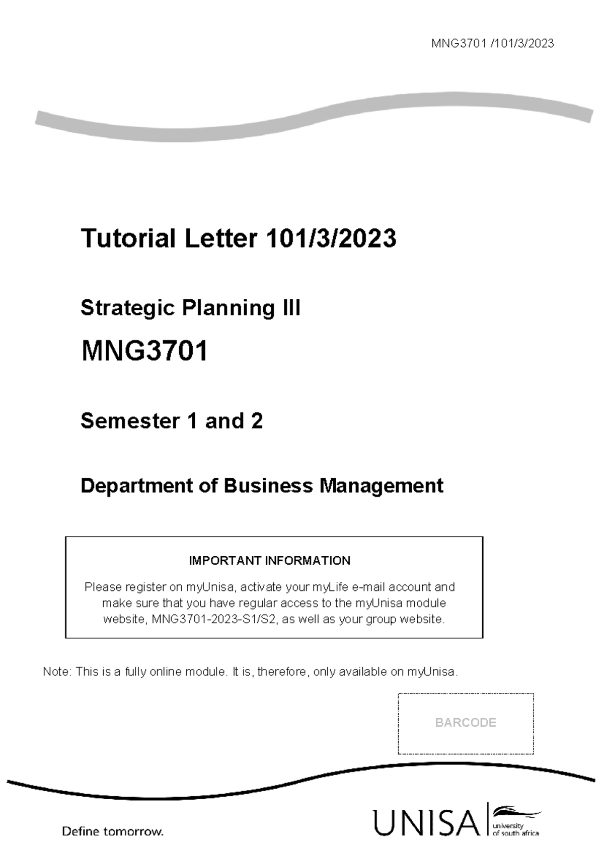 MNG3701 - Tutorial Letter 101/3: Strategic Planning III Guide - Studocu