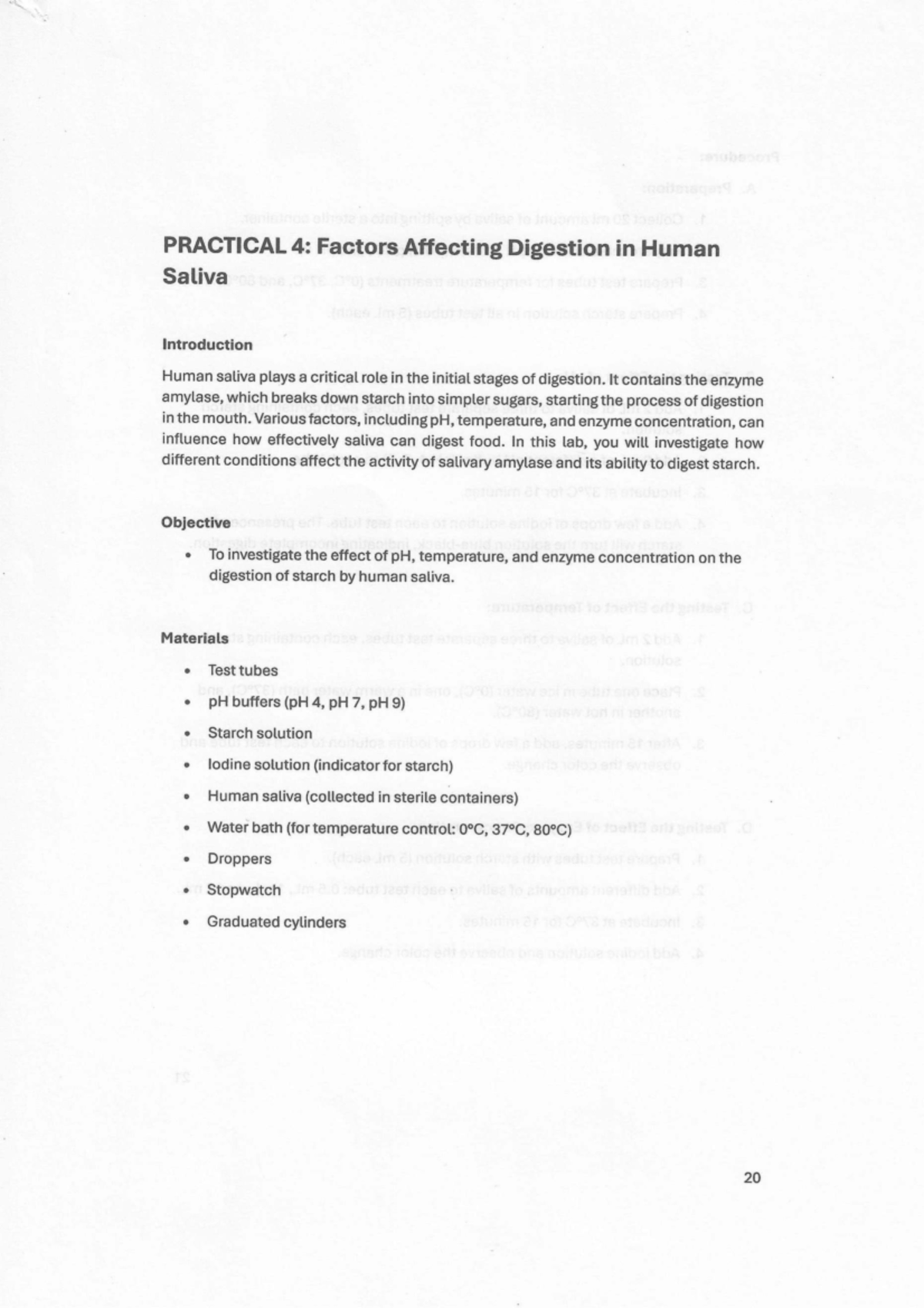 Practical 4 - PRACTICAL 4: Factors Affecting Digestion in Human Saliva ...