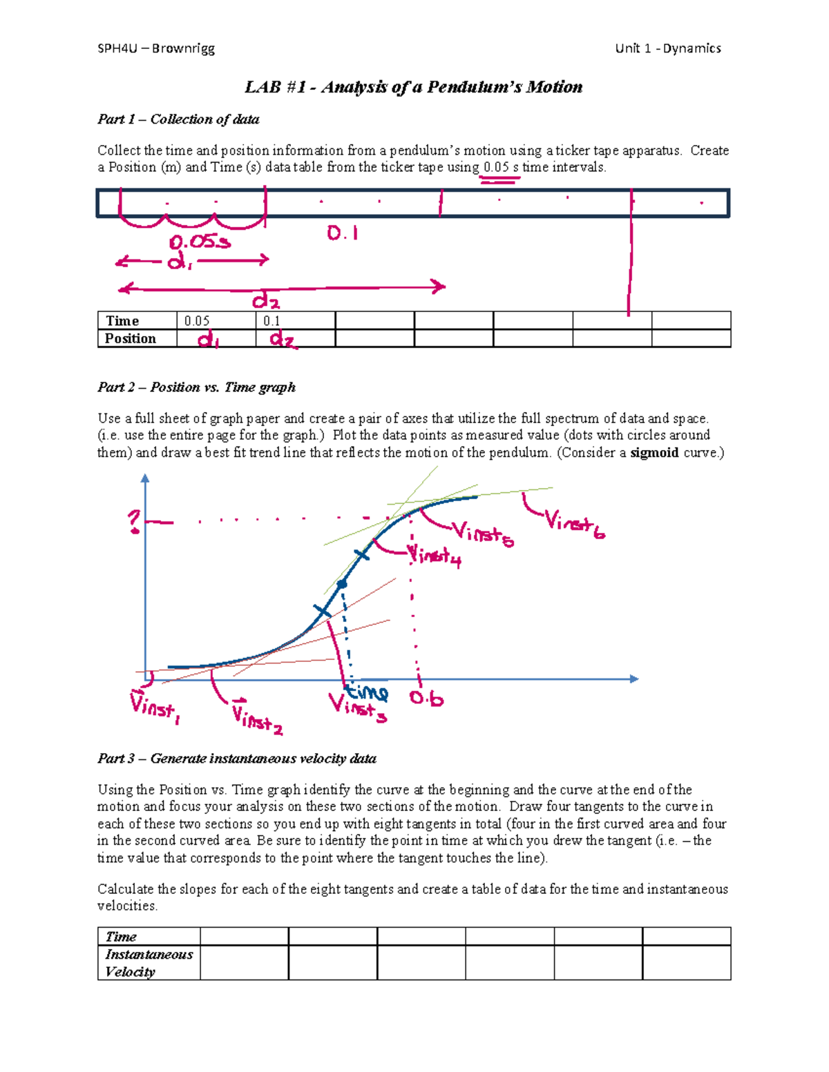 SPH4U Pendulum Lab Analysis: Motion Data and Velocity Calculations ...
