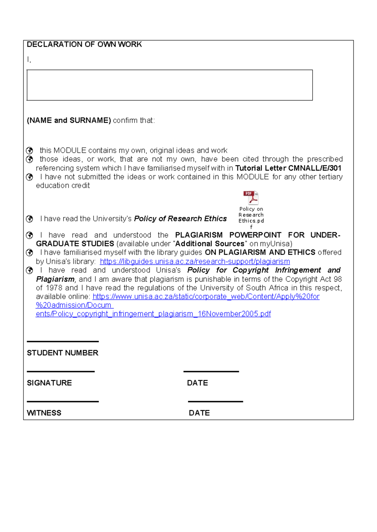 Declaration of Own Work Form for Module Submission - Studocu
