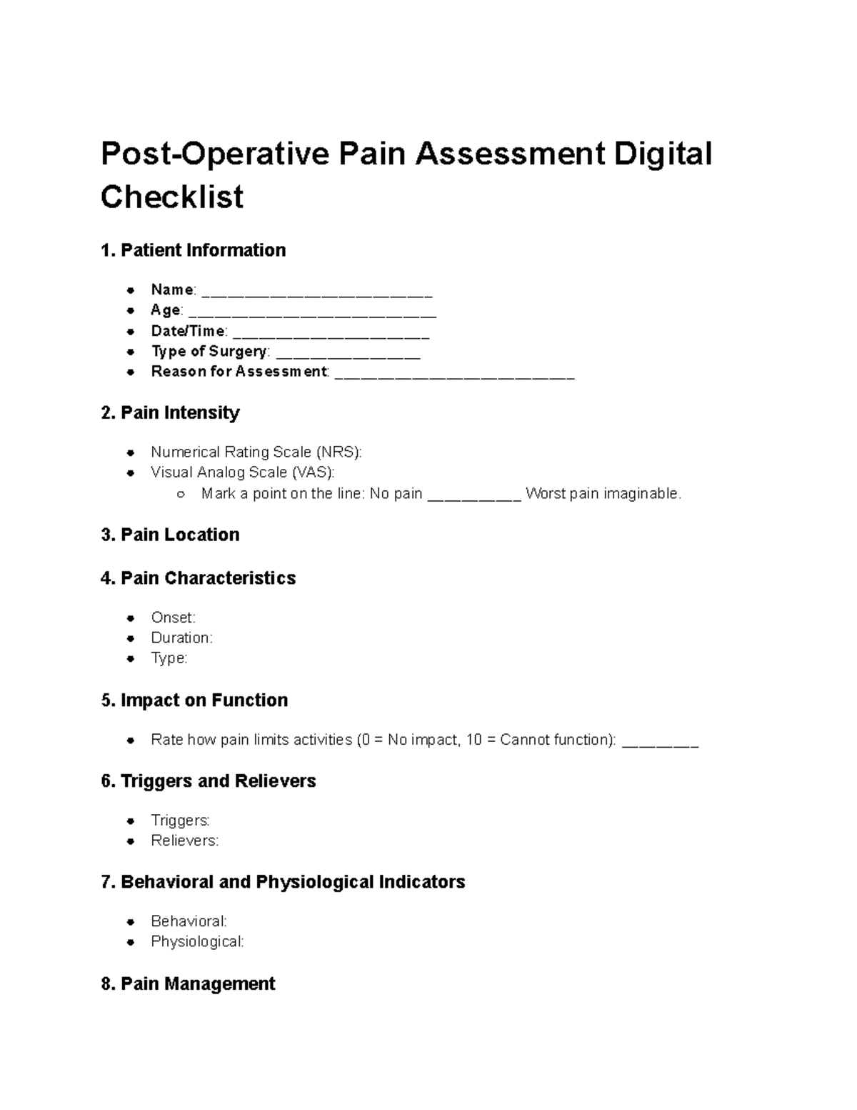 Pain Assessment Digital Checklist: Patient Info & Management - Studocu