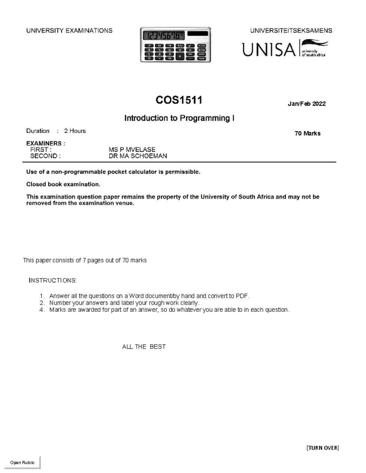 COS1511 2023 Final Exam Paper with Code Questions and Outputs - Studocu