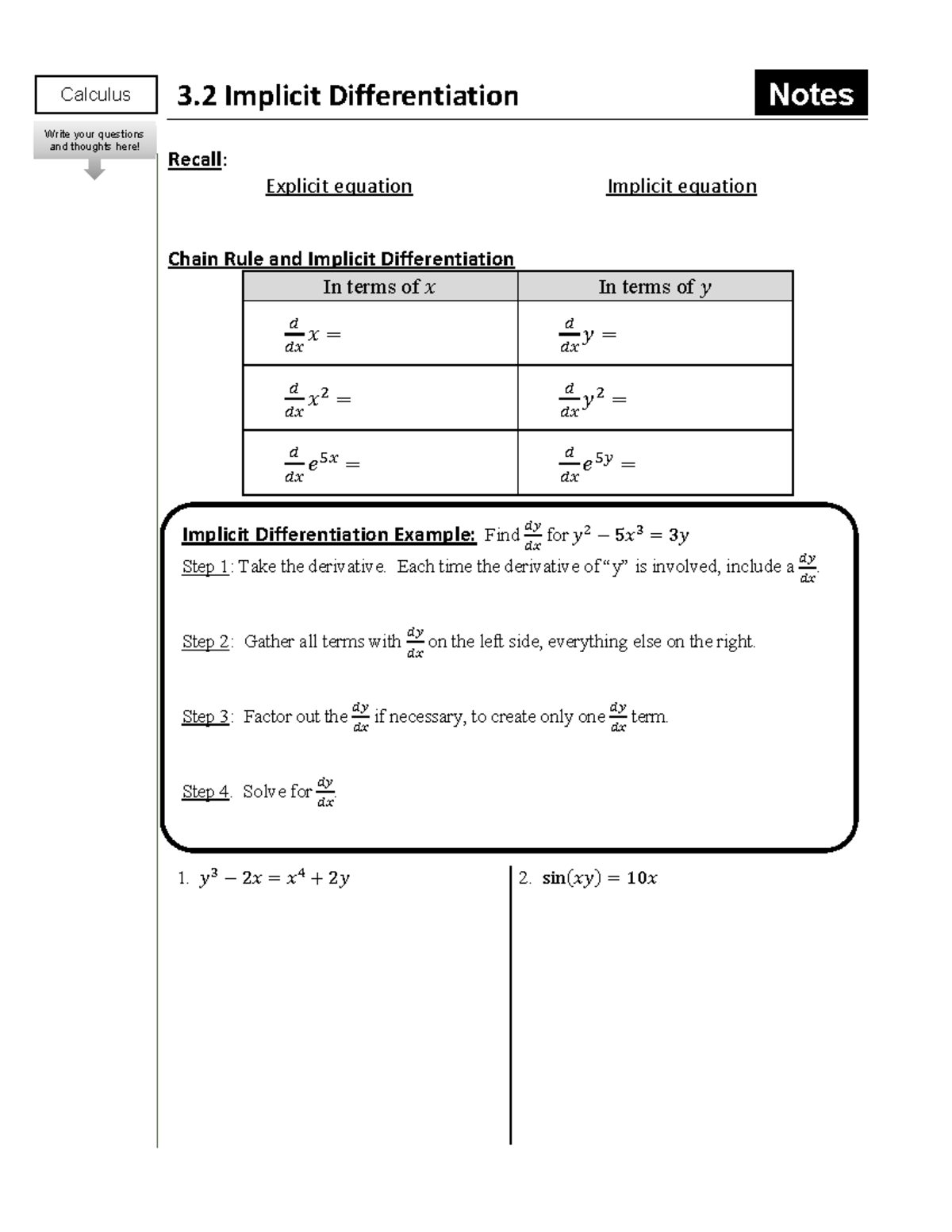 Calc 3 - Implicit Differentiation Practice Notes - Studocu