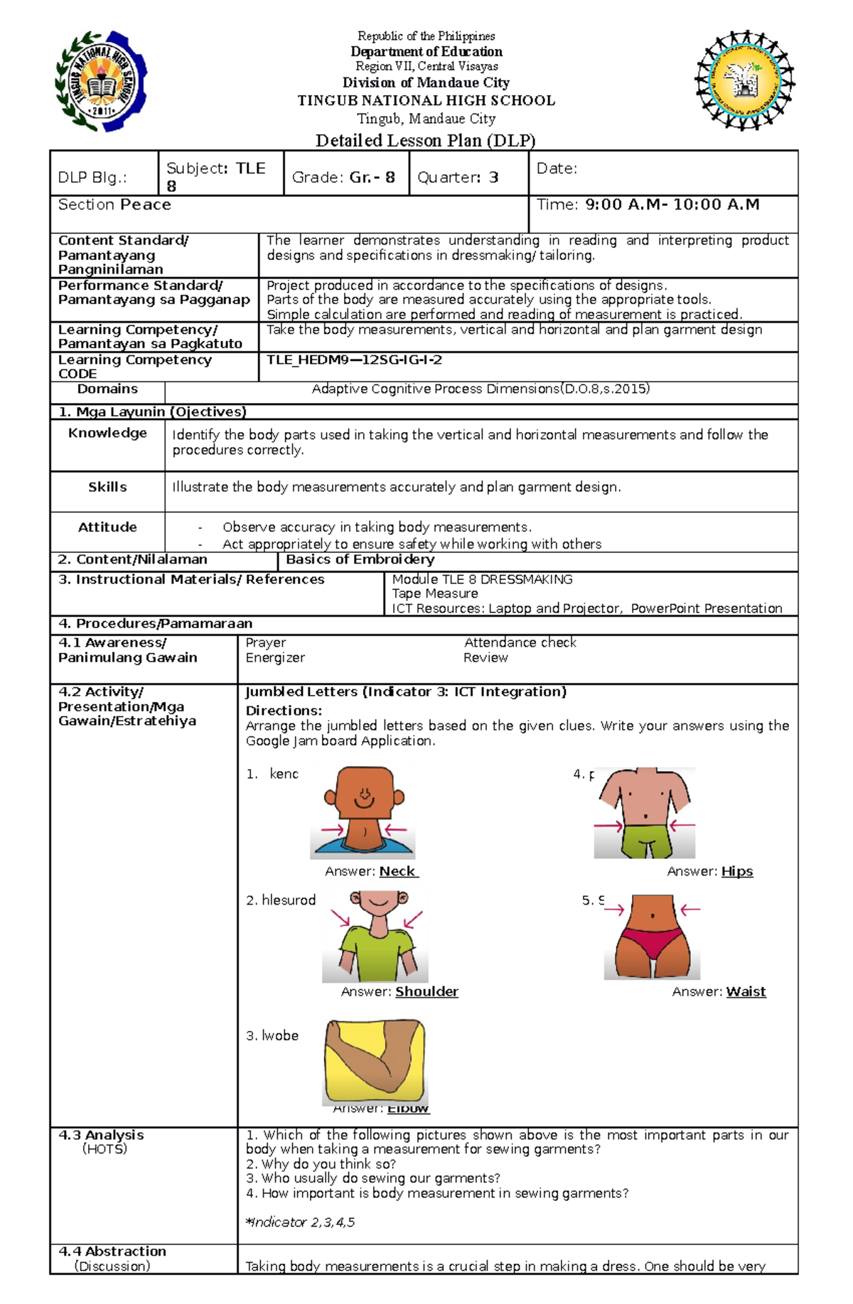 I Plan-TLE-8 dressmaking - Republic of the Philippines Department of ...