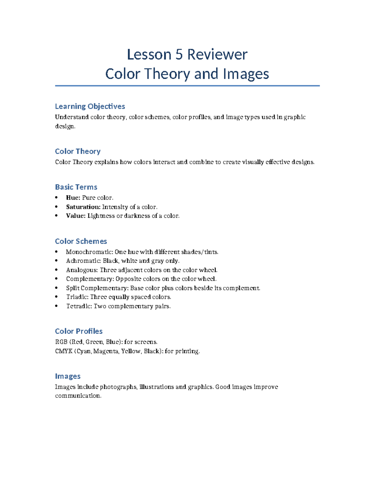 L05 Lesson 5 Study Notes: Color Theory & Image Types - Studocu
