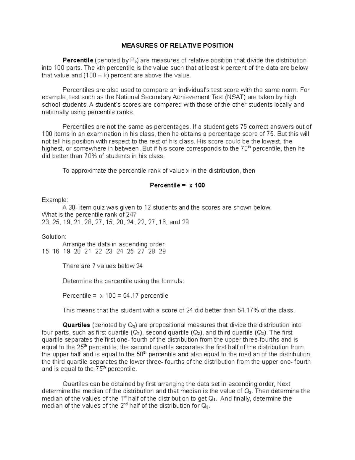 Measures of Relative Position ( mathematics in the modern world ...