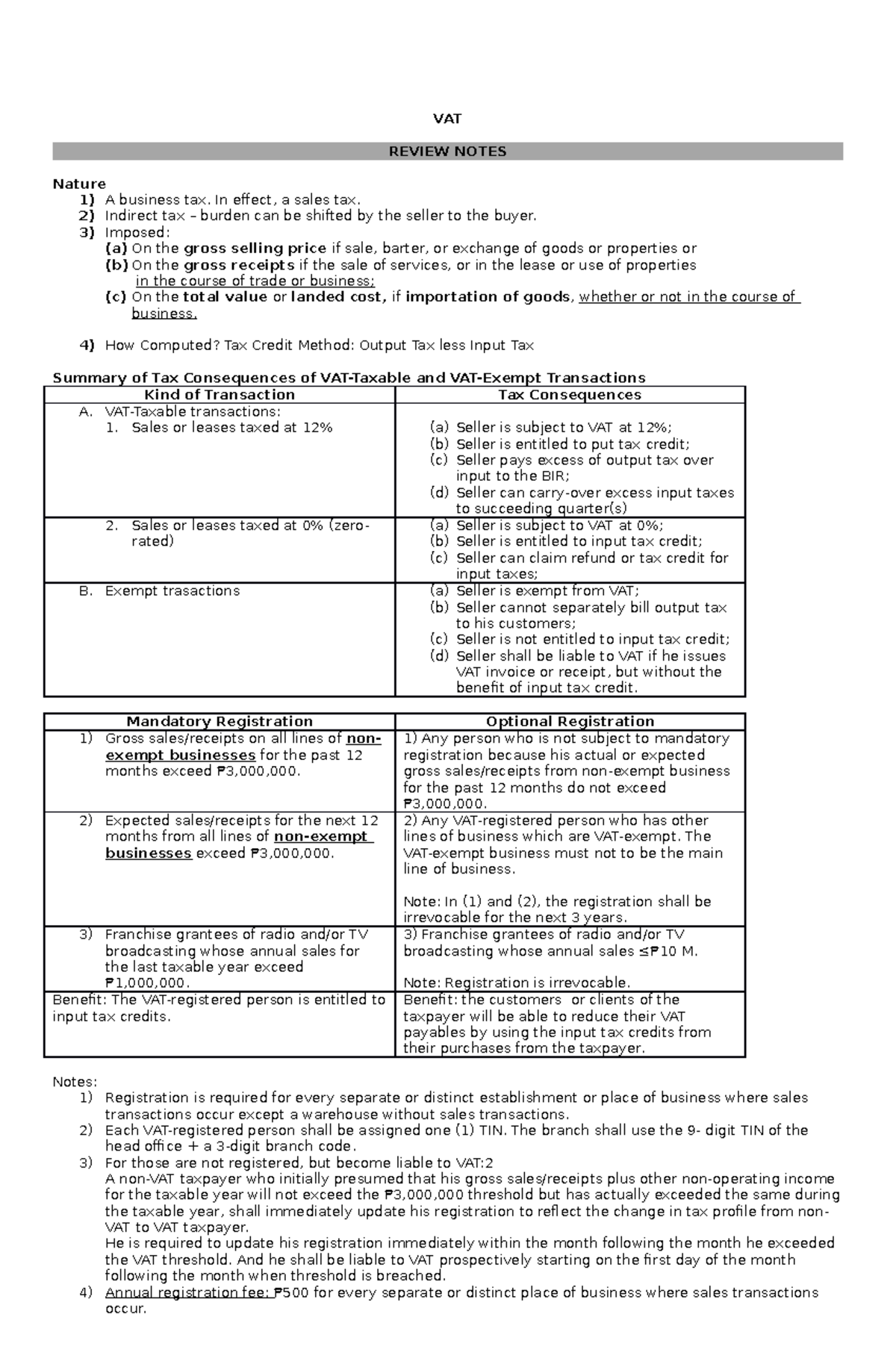 VAT - Lecture Notes on Registration & Tax Consequences (1,3-4,7) - Studocu