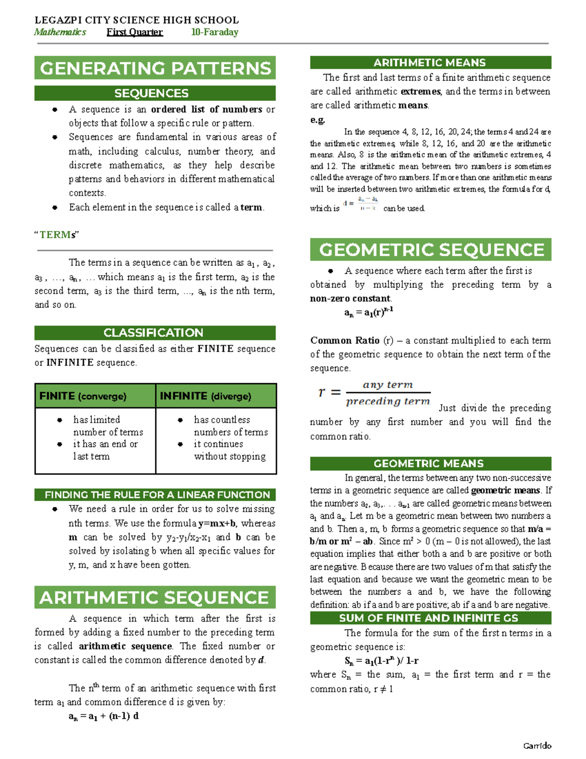 Mathematics First Quarter Reviewer for GR10 Faraday: Sequences and ...